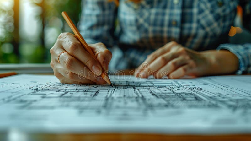 Close-up of a Hand Drawing Architectural Plans Stock Photo - Image of ...
