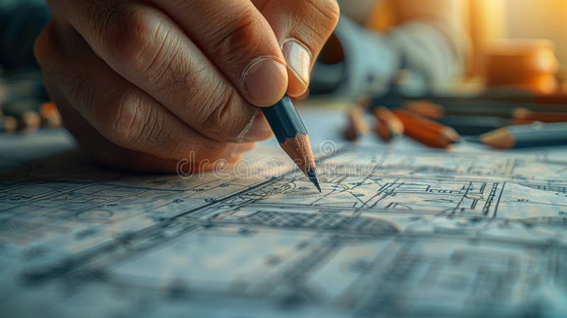 Close-up of a Hand Drawing Architectural Plans Stock Image - Image of ...