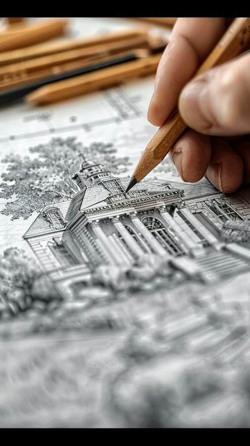 Close-up of a Hand Drawing Architectural Plans Stock Photo - Image of ...