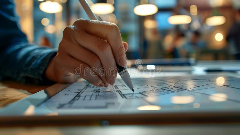 Close-up of Hand Drawing Architectural Plans on Digital Tablet. Modern ...