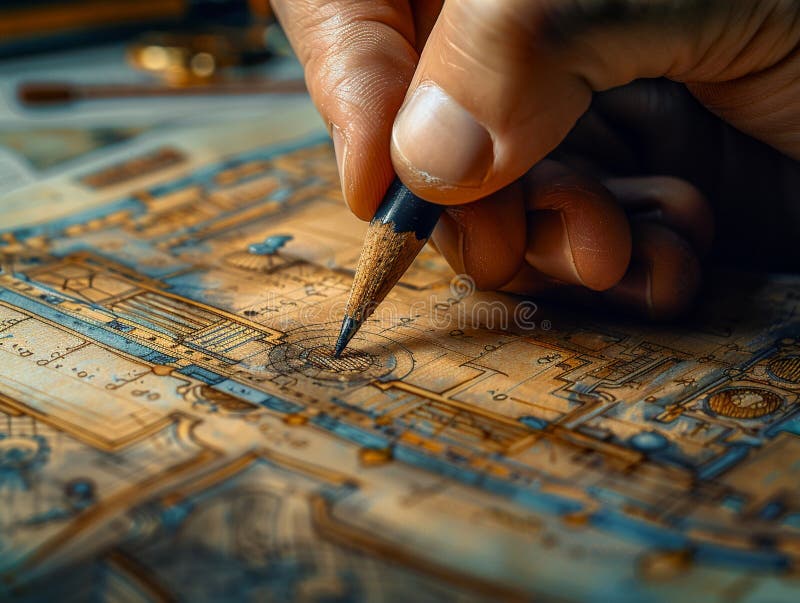 Close-up of a Hand Drawing Architectural Plans Stock Illustration ...
