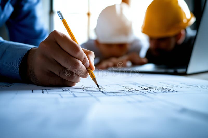 Close Up of Hand Drawing on Blueprints with Two Construction Workers in ...