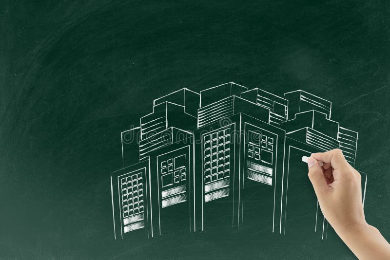 Close Up of Hand Drawing City Building on Chalkboard. Stock Photo ...
