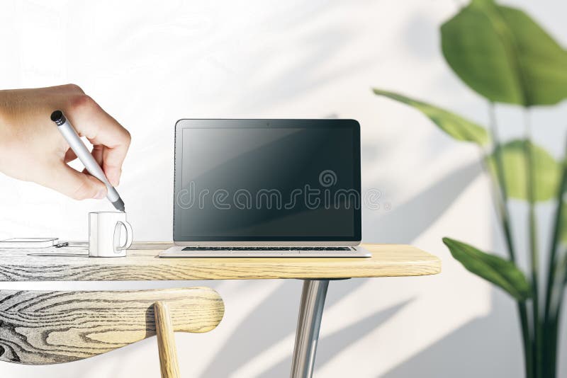 Close Up of Hand Drawing Creative Designer Office Desktop with Empty ...