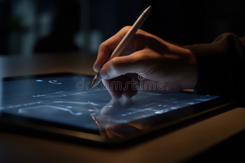 Close Up of a Hand Drawing or Writing on a Digital Tablet Stock ...