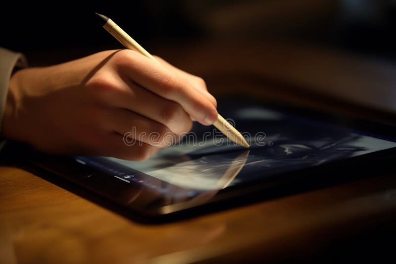 Close Up of a Hand Drawing or Writing on a Digital Tablet Stock ...