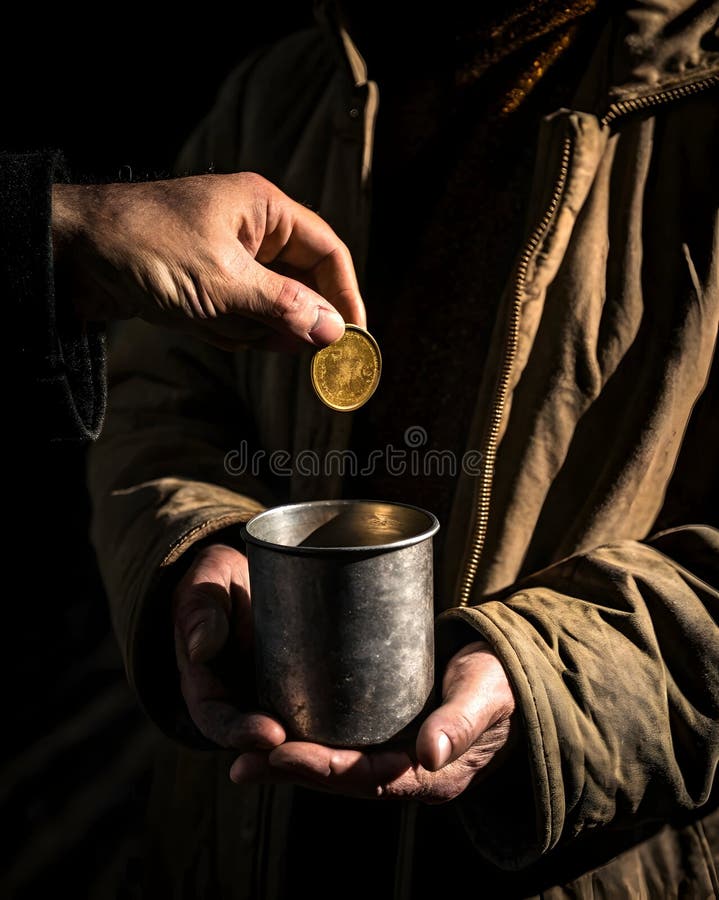 A Close-up of a Hand Dropping a Coin into a Worn Metal Cup Held by an ...