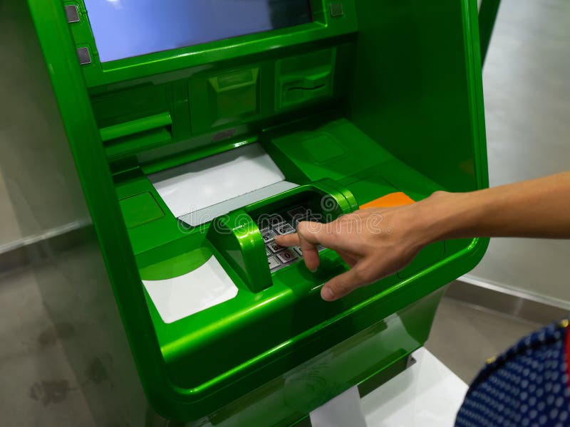 Close Up of Hand Entering Pin at an ATM. Finger about To Press a Pin ...