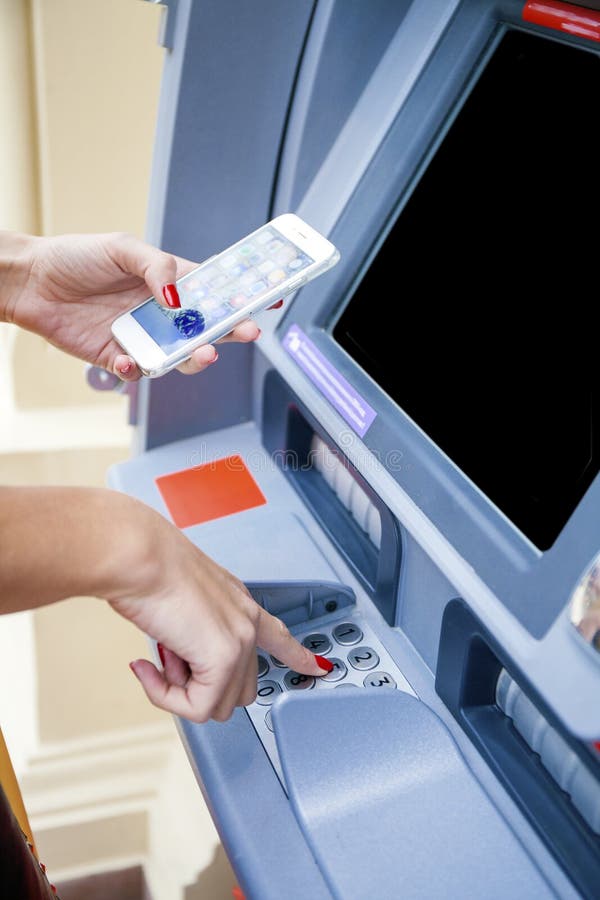 Close Up of Hand Entering Pin at an ATM. Finger about To Press a Stock ...