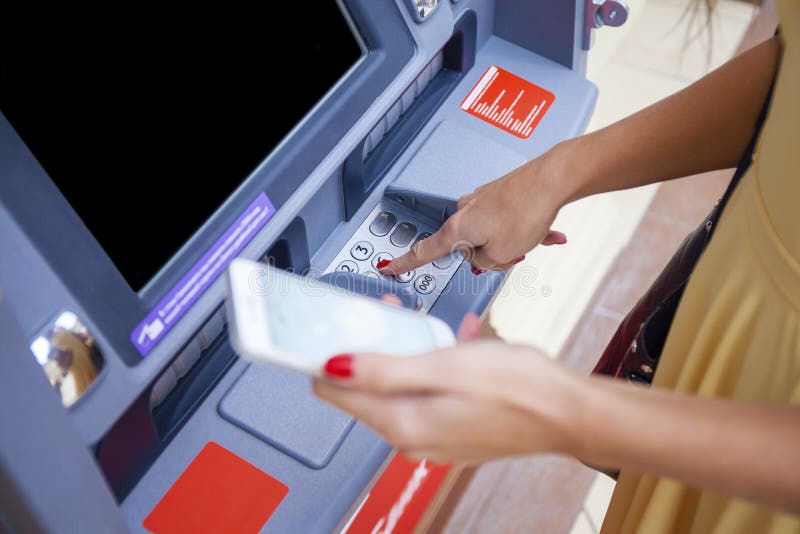 Close Up of Hand Entering Pin at an ATM. Finger about To Press a Stock ...