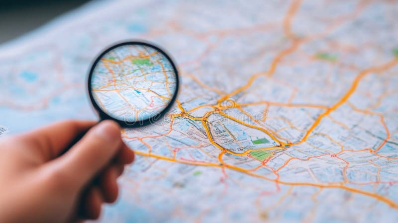 Close-up of a Hand Exploring a Treasure Map with Magnifying Glass ...