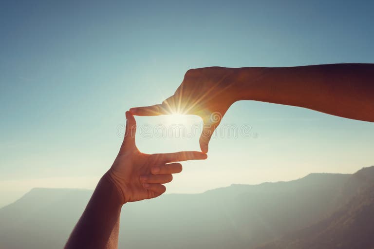 Close Up Hand Framing Looking View Sunrise Stock Photo - Image of ...