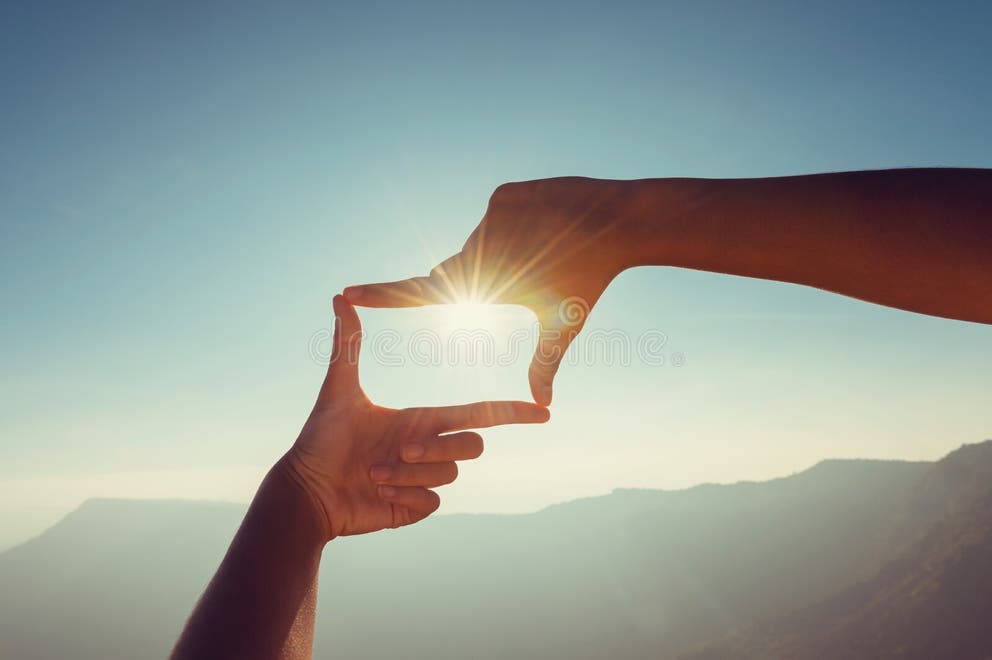 Close Up Hand Framing Looking View Sunrise Stock Photo - Image of ...