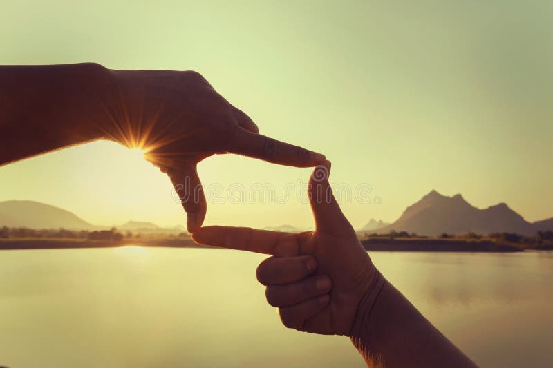 Close Up Hand Framing Looking View Sunrise Stock Photo - Image of human ...