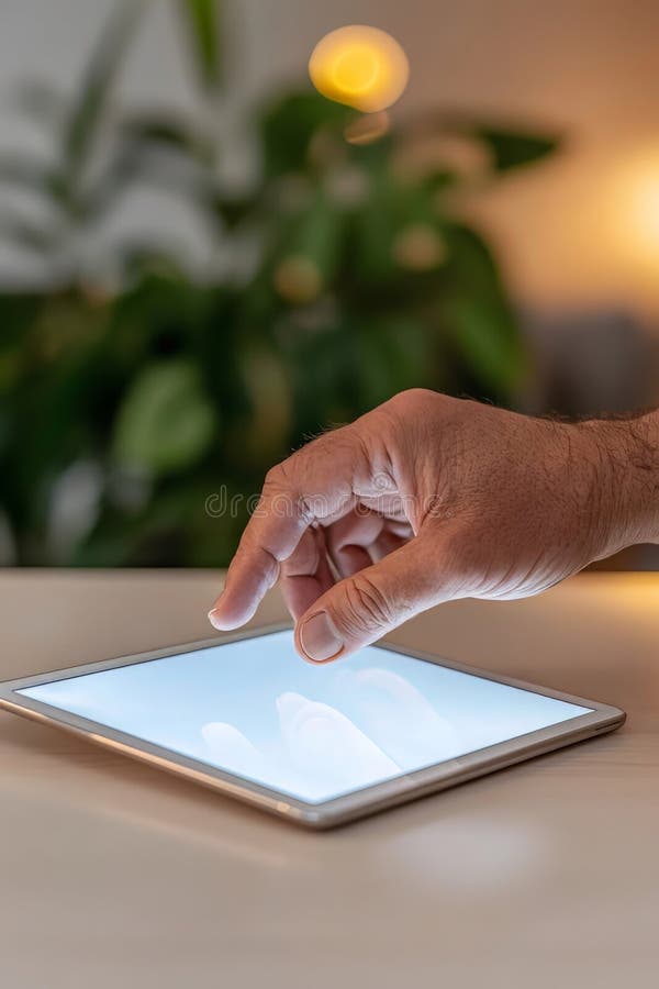 Close-up of a Hand Gently Interacting with a Glowing Tablet Screen in a ...
