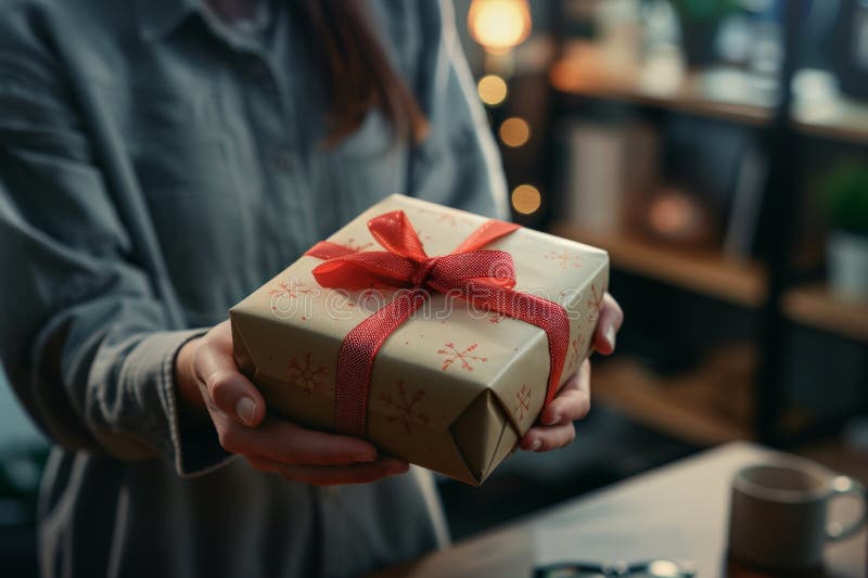 Close Up of a Hand Giving a Gift Box, Giving and Receiving at Office ...