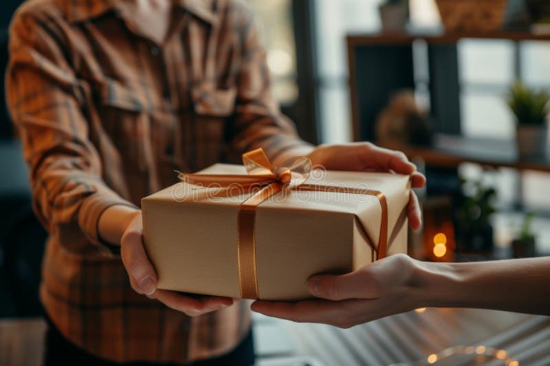 Close Up of a Hand Giving a Gift Box, Giving and Receiving at Office ...