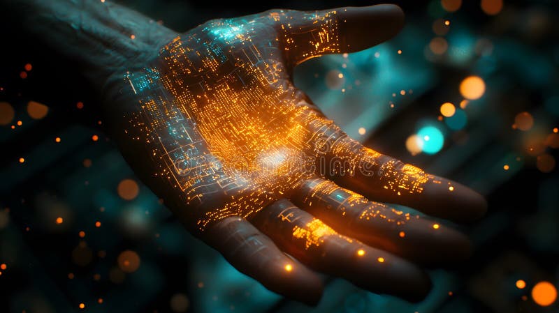 Futuristic Hand with Glowing Circuitry Digital Technology Abstract Art ...