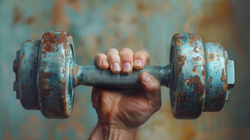 Close-up of Hand Gripping Rusty Dumbbell, Focusing on Strength and ...