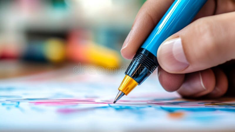 Close-up of a Hand Holding a Blue Pen Writing on Paper Stock ...
