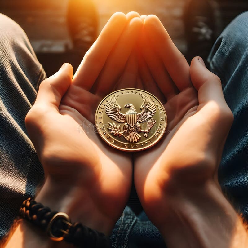 Close Up of Hand Holding Coin with Gold Stack in Background Stock Photo ...