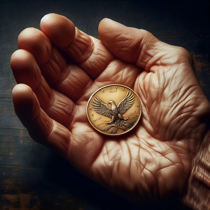 Close Up of Hand Holding Coin with Gold Stack in Background Stock Image ...