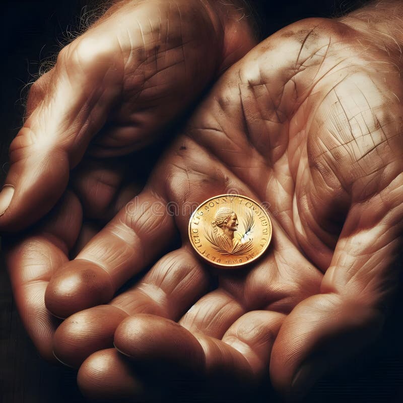 Close Up of Hand Holding Coin with Gold Stack in Background Stock Image ...