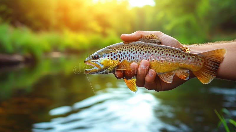 Close-up of Hand Holding a Colorful Trout Fish by a Sparkling River ...