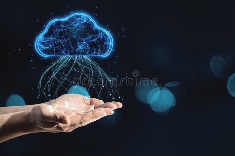 Close Up of Hand Holding Glowing Blue Digital Cloud with Binary Code on ...