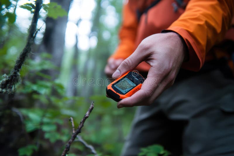 A Close-up of a Hand Holding a GPS Device in the Forest Stock ...