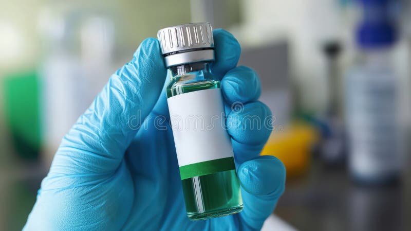 A Close-up of a Hand Holding a Green Liquid Vial in a Laboratory ...