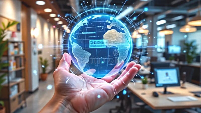 A Close-up of a Hand Holding a Holographic Globe, Data Streams and ...