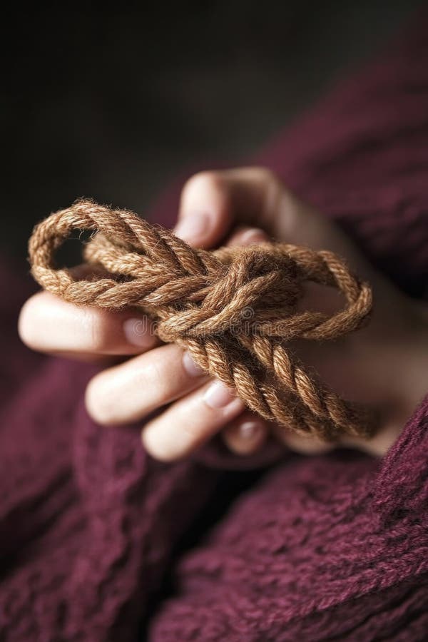 Close-up of Hand Holding Knotted Rope with Maroon Fabric Background ...