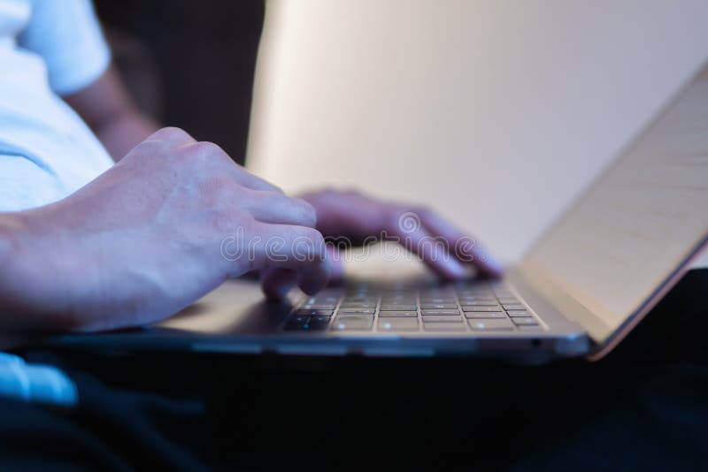 Close-up of Hand Holding Laptop Work from Home Soft Focus Stock Photo ...