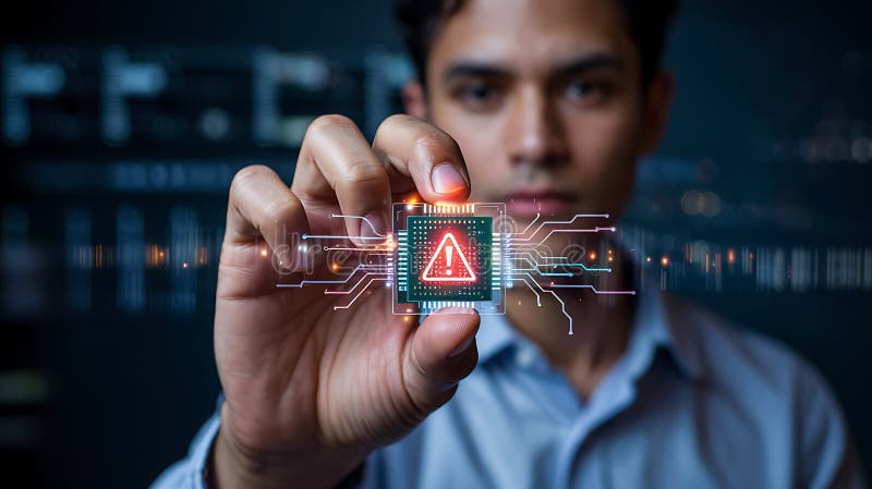 Close-Up of Hand Holding Microchip with Cybersecurity Warning – Digital ...