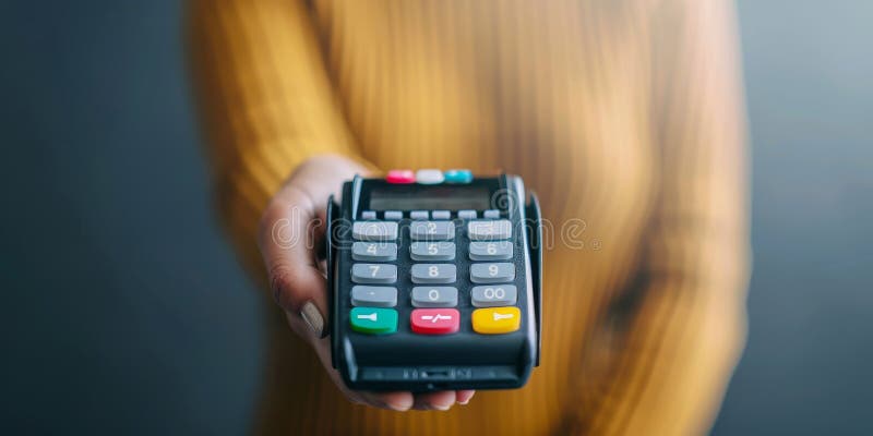 Close-up of Hand Holding a Modern Payment Terminal with Blurred ...