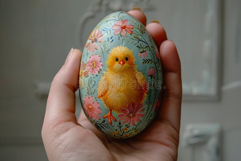 Handheld Decorated Easter Egg with Chick Design Stock Illustration ...