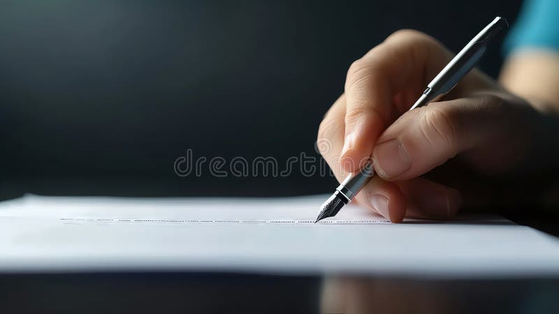 Close-up of a Hand Holding a Pen, Elegantly Writing on a Blank Sheet of ...