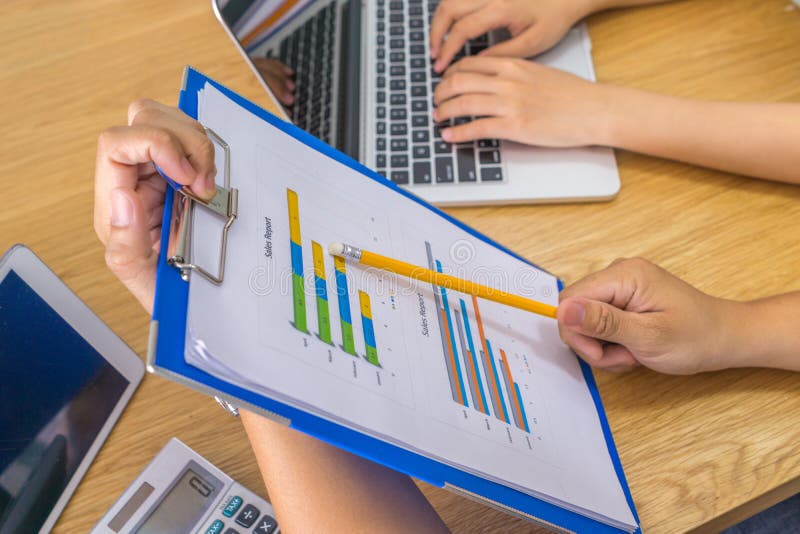 Human Hand Holding Pencil Pointing at Chart Data Stock Image - Image of ...