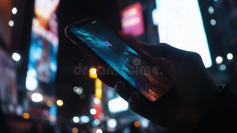 Close Up of a Hand Holding a Phone in the City at Night Stock Image ...