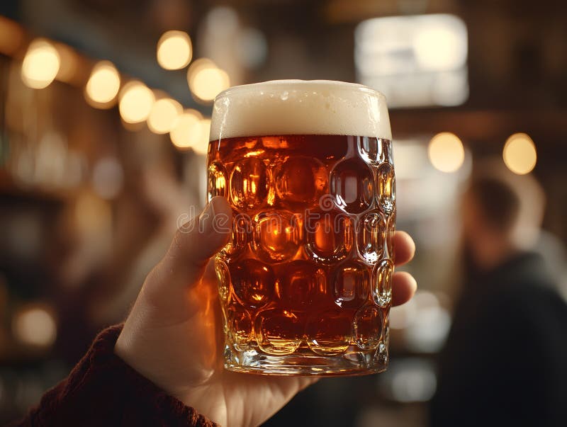 Close-up of a Hand Holding a Pint of Beer in the Warm Light of a Pub ...