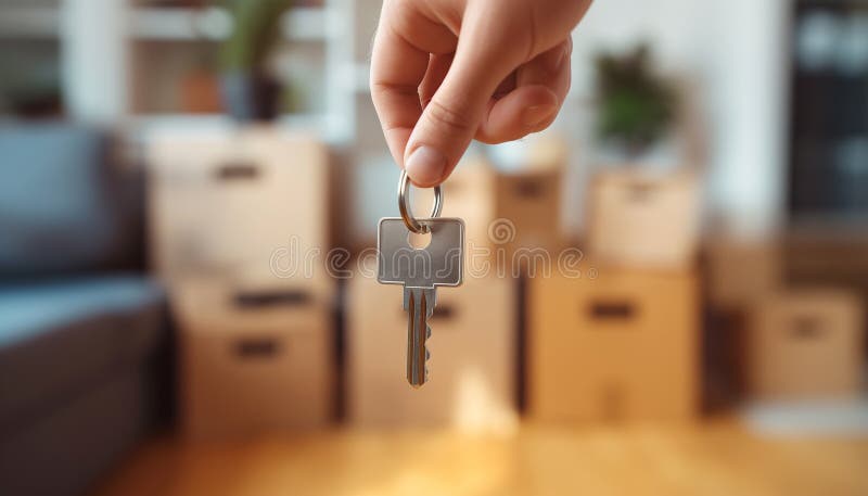 Close-up of Hand Holding Silver Key with Square Keychain Against ...