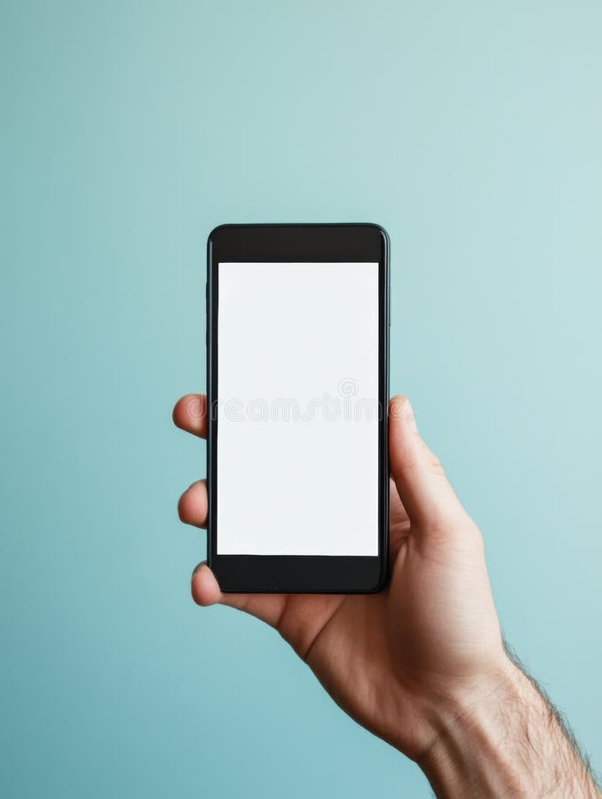 Close Up of Hand Holding Smartphone on Blue Background for Technology ...