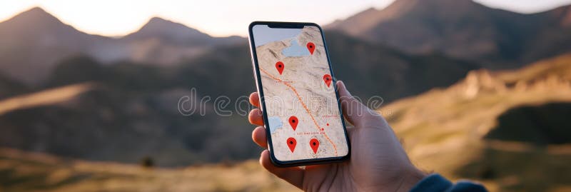 Hiker Using Navigation App on Smartphone in Mountain Landscape Stock ...