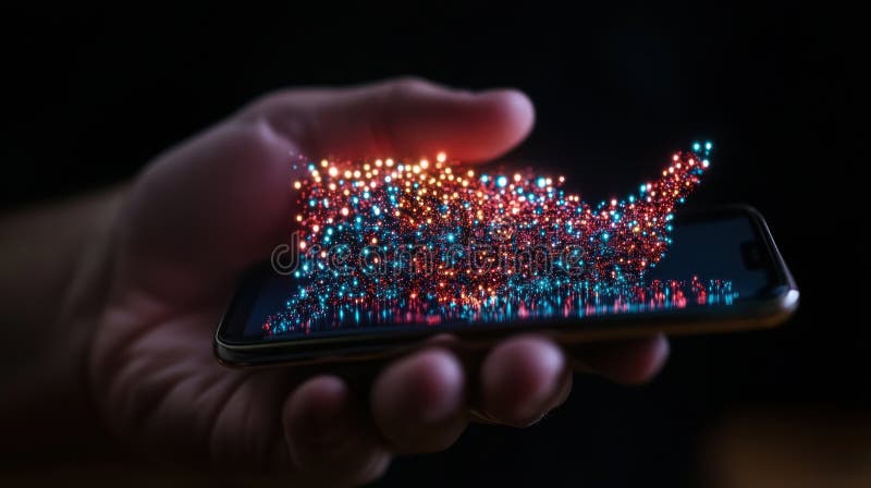 Close-up of a Hand Holding a Smartphone with Glowing Particles Emerging ...