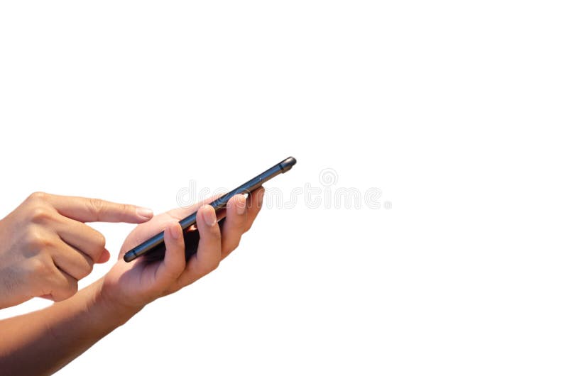 Close Up Hand Holding Smartphone Isolated on White Background Stock ...