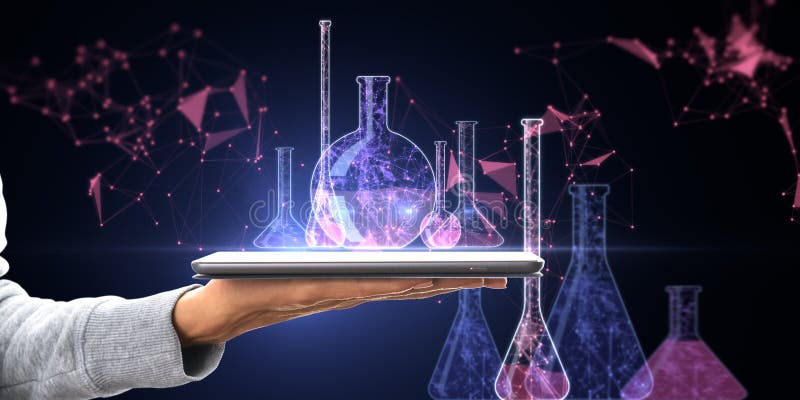 Close Up of Hand Holding Tablet with Glowing Blue Scientific Low Poly ...