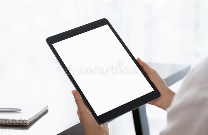 Close Up of Hand Holding Tablet with White Mock-up Screen. Stock Image ...