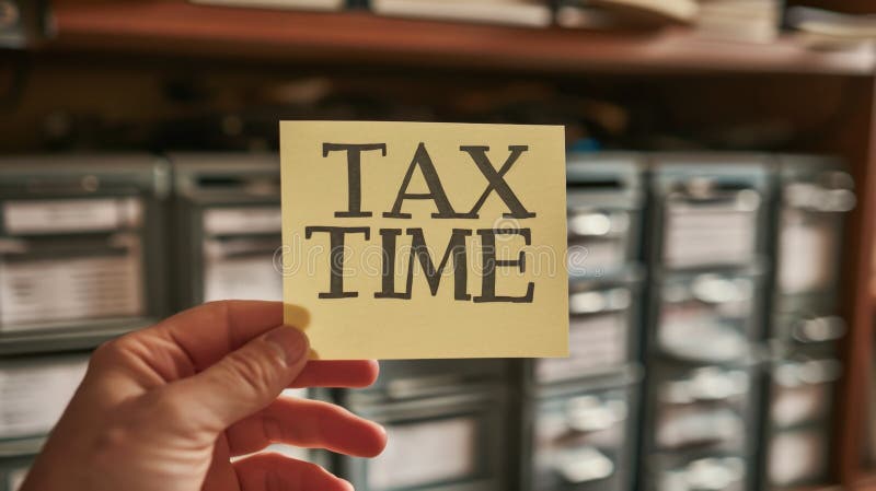 Close-up of a Hand Holding a "TAX TIME" Sticky Note in Front of an ...