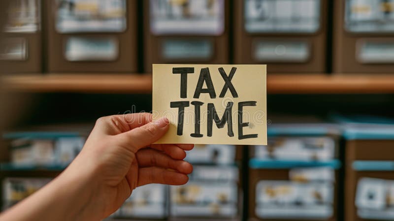 Close-up of a Hand Holding a "TAX TIME" Sticky Note in Front of an ...